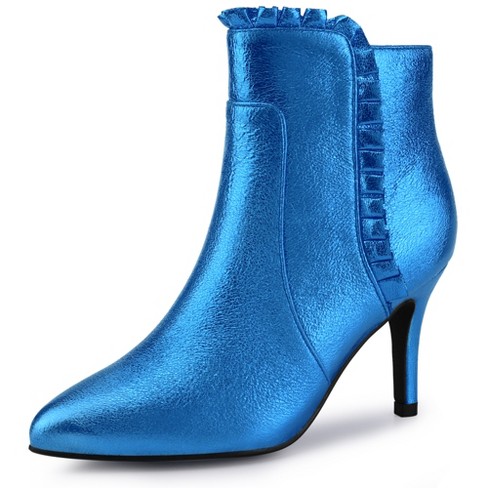 Perphy Women's Pointy Toe Zipped Ruffle Trim Stiletto Heel Ankle Boots ...