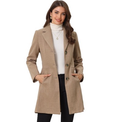 Allegra K Women's Single Breasted Notched Lapel Long Winter Coats Khaki ...