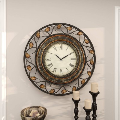 36"x36" Metal Leaf Wall Clock With Scrolled Vines Brown - Olivia & May ...