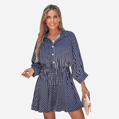Women's Striped Buttoned Drawstring Waist Mini Dress - Cupshe : Target