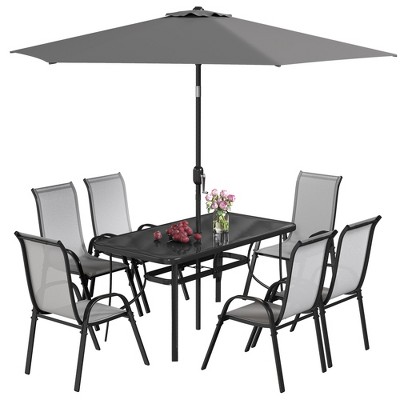 Outsunny 8 Piece Patio Dining Set With Table Umbrella, 6 Folding Chairs ...