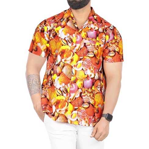 HAPPY BAY Men s Hawaiian Shirts Short Sleeve Button Down Shirt Mens Casual Shirts Holiday Tropical Beach Shirts for Men Funny M Seashells Orange