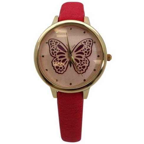 Hot Pink Thin Faux Leather Butterfly Face Women Watch : Target