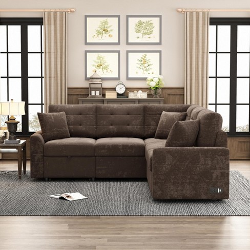 82.6 W L Shape Sofa Bed with Wheels Pull out Sleeper Sofa with USB Ports and Power Sockets Brown ModernLuxe