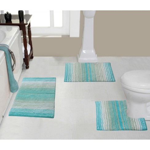 Set Of 3 Gradiation Rug Collection Turquoise Cotton Tufted Bath Rug Set ...