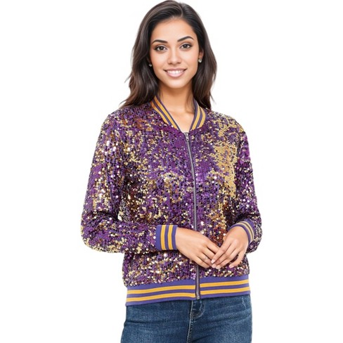 Anna-kaci Sequin Bright Color Vasity Bomber Zip-up Stripe Cuff Jacket ...