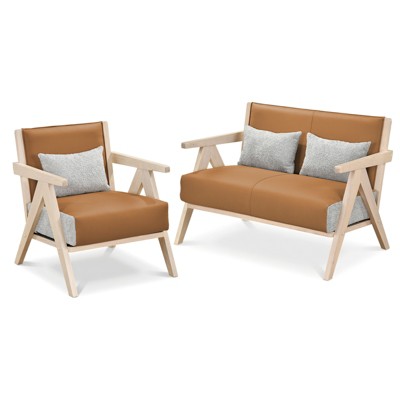 Costway 2/3 PCS Faux Leather Single Sofa Chair & Loveseat with Rubber ...