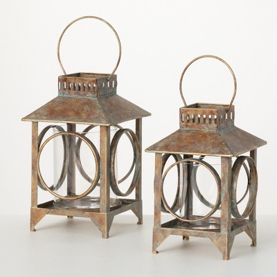 14" Patinaed Open-frame Lanterns - Set Of 2; Brown : Target