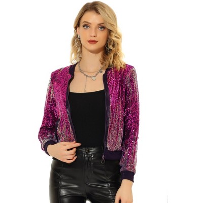 Allegra K Women's Sequin Sparkle Long Sleeve Cropped Length Zipper ...