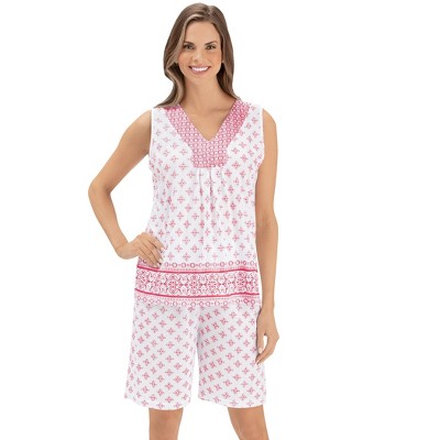 Collections Etc Border Print Pajama Top & Elastic Drawstring Shorts Set ...