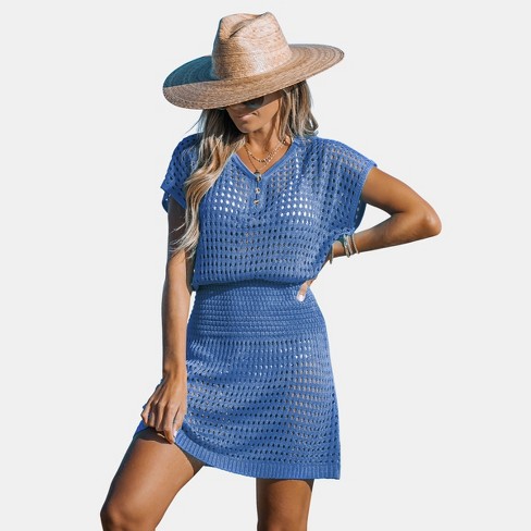 Women's Crochet Knit Cutout V-neck Cover-up Mini Dress - Cupshe-s-sapphire Blue : Target