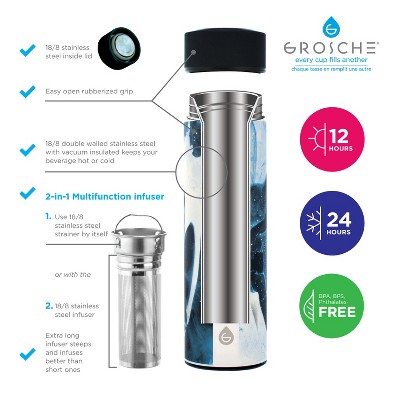 Grosche Chicago Insulated Tea Infuser Bottle, 15.2 Fl Oz Capcity With ...