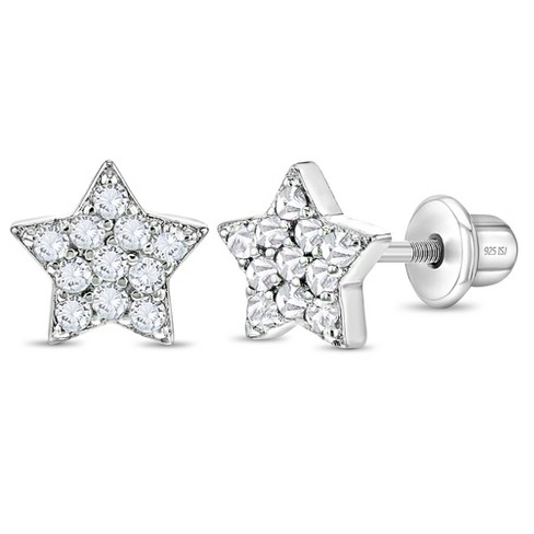 Girls' Sparking Cz Stars Screw Back Sterling Silver Earrings - Clear ...