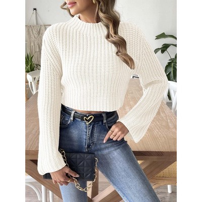 YESFASHION Women’s Knit Sweater Pullover Mock Neck Flare Long Sleeves ...