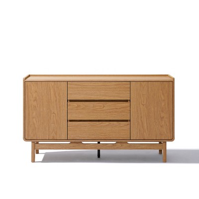 LuxenHome Summer Oak Engineered Wood 55 Inch Wide Sideboard Cabinet with 3 Drawers