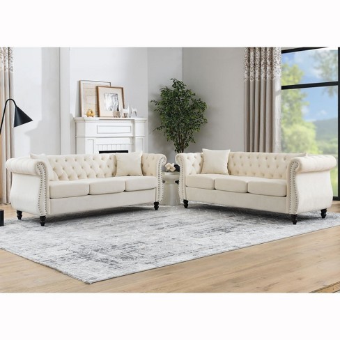 3 Seater Couch Set Of 2 Beige Chesterfield Sofa,80"velvet Sofas,english ...