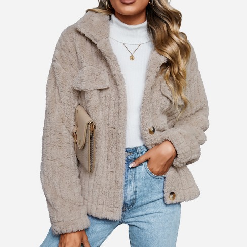 Women's Plush Button Front Wide Lapel Jacket - Cupshe -apricot : Target