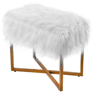 Birdrock Home Rectangular White Faux Fur Foot Stool Ottoman With Gold ...