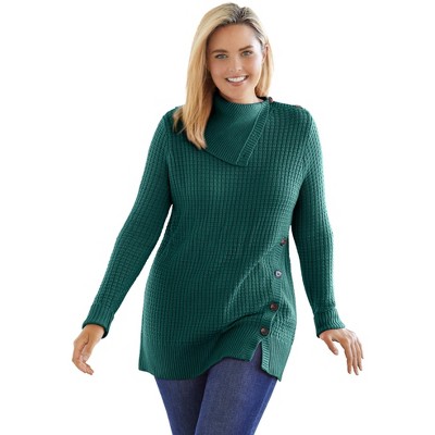 Woman Within Women's Plus Size Button-neck Waffle Knit Sweater - 1x ...
