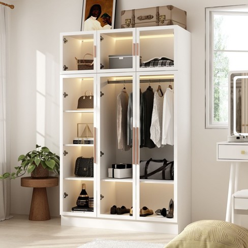 Famapy White Armoire With Led Light And Glass Doors Wardrobe Cabinet ...