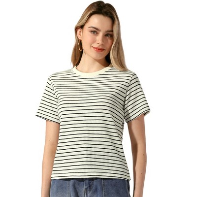 Allegra K Women's Casual Striped Crew Neck Textured Short Sleeve T ...
