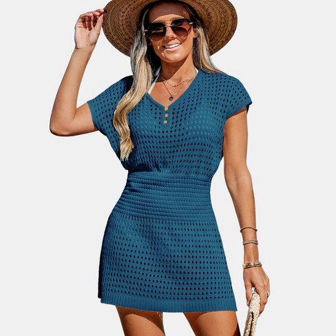 Women's Crochet Knit Cutout V-neck Cover-up Mini Dress - Cupshe-s-dark Blue : Target