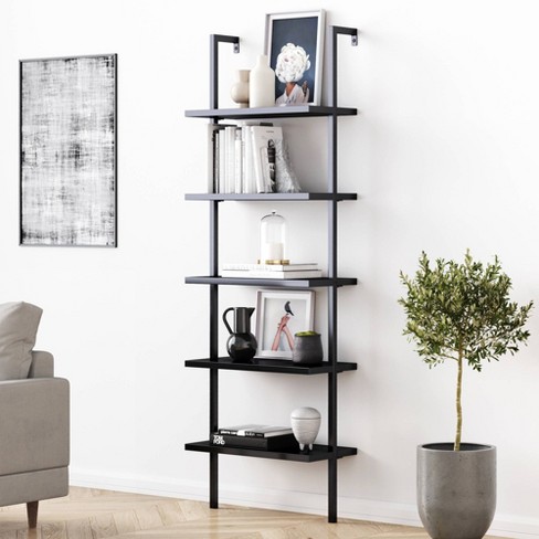 73 Theo 5 Tier Wood Wall Mount Ladder Bookshelf Matte Black Nathan James Minimalist Open shelving Easy Wall Assembly Home Office Decor Target