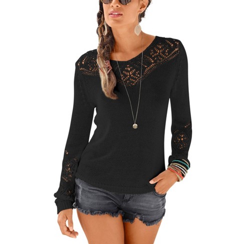 Lascana Women's Ajour Knit Detail Sweater Solid Black 0/2 : Target