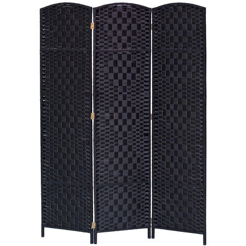 3 Panels Diamond Weave Bamboo Fiber Privacy Partition Screen Black ...