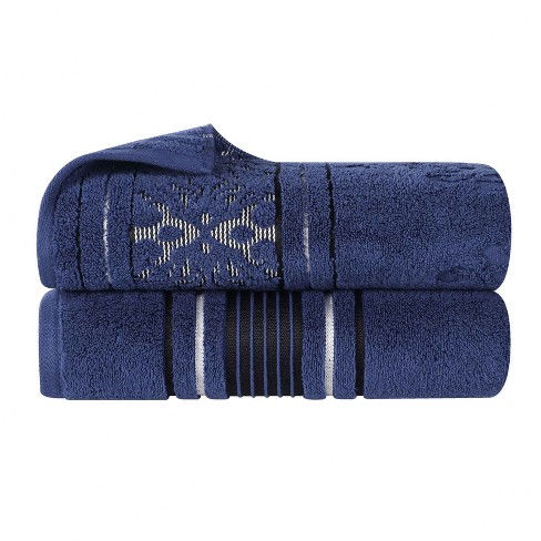 Zero Twist Cotton Solid And Floral Jacquard Bath Sheet Set Of 2, Navy ...