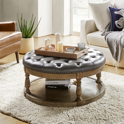 Chloe Vegan Leather Round Cocktail Ottoman With Storage And Nailhead ...