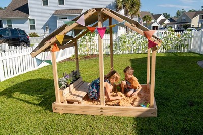 Funphix Dig N’ Play Wooden Sandbox Playhouse With Bench & Flower ...