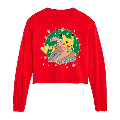 Pokémon Pikachu Sled Cropped Long Sleeve T-shirt - Red - Medium : Target