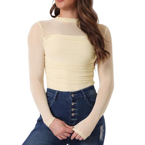Allegra K Women's Solid Mock Neck Mesh Sheer Long Sleeve Ruched Blouses ...
