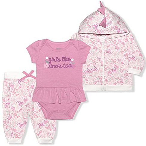 Nannette Baby Girl's 3 Piece Coordinates, Dino Hooded Floral Jacket ...
