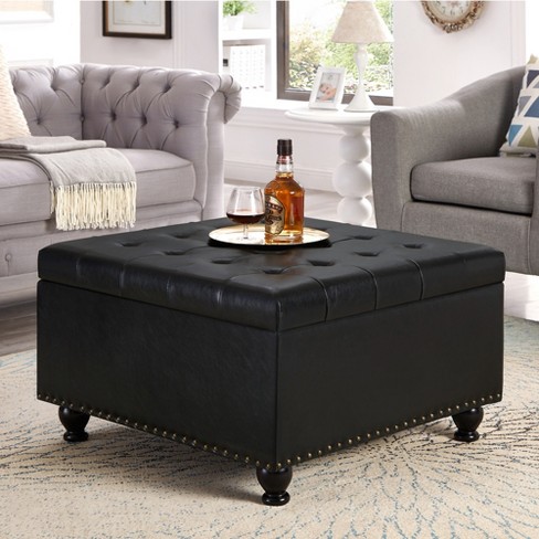 Large Square Storage Upholstered Button Tufted Ottoman With Wooden Legs ...