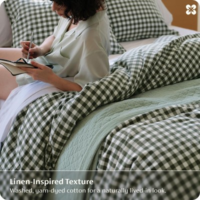 Bedsure Olive Green Queen 3 Piece Gingham Duvet Cover Set 100% Washed ...