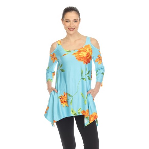 Women's Floral Printed Cold Shoulder Tunic Blue Orange Xlarge - White ...