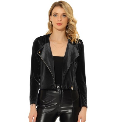 Allegra K Women's Velvet Zipper Lapel Collar Moto Biker Jacket Black ...