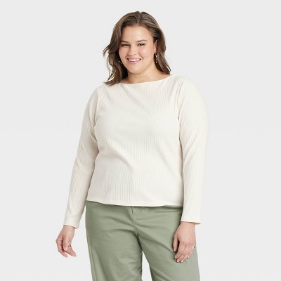 Women's Slim Fit Long Sleeve Ribbed Boat Neck T-shirt - A New Day ...