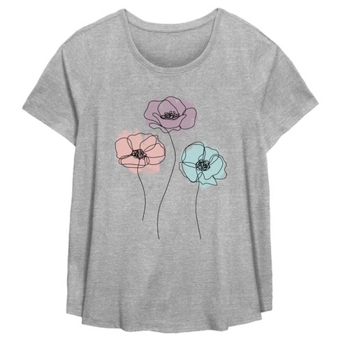 Women's Lost Gods Line Art Poppy Flowers T-shirt - Heather Gray - 5x ...