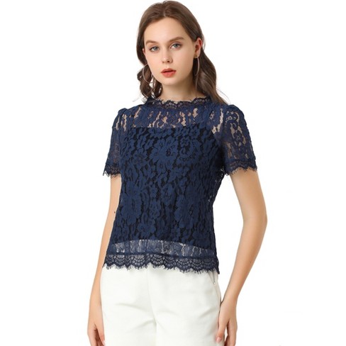Allegra K Women's Lace Floral Scalloped Trim Short Sleeve Semi Sheer ...