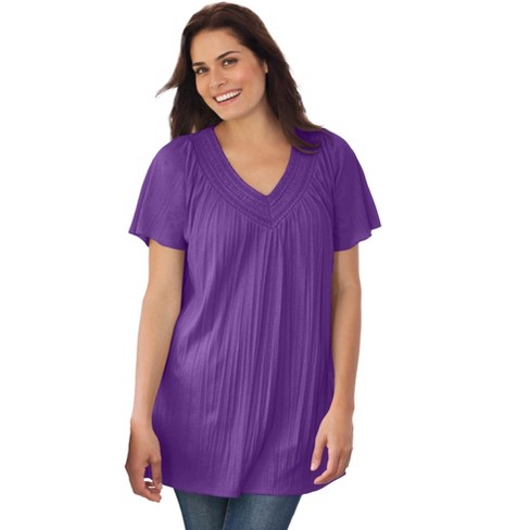 Woman Within Women's Plus Size Short-sleeve V-neck Crinkle Tunic - M ...