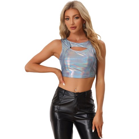 Allegra K Women's Metallic Sleeveless Cut Out Party Holographic Crop ...