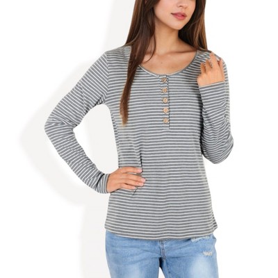 Anna-kaci Women's Long Sleeve Striped Henley Top With Button Placket ...