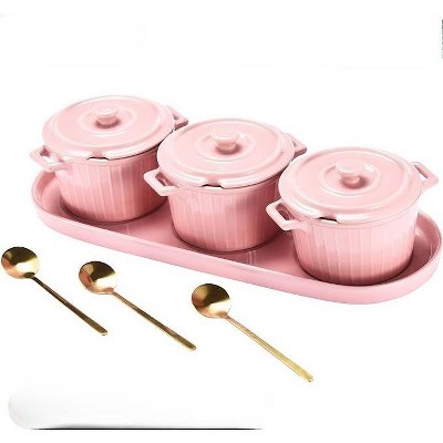 Whole Housewares Mini Cocotte Set With Golden Spoons And Pink Serving ...