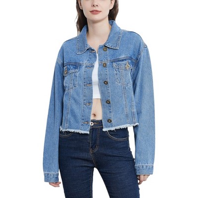 Anna-kaci Women's Cropped Premium Denim Jacket- Small, Stone Wash : Target
