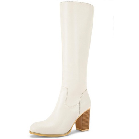 Allegra K Women's Size Zipper Round Toe Stacked Block Heels Knee High Boots Cream 7 : Target