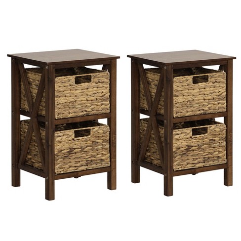 Costway 2 Pcs 2-tier Nightstand With 2 Seagrass Baskets Rubber Wood X ...
