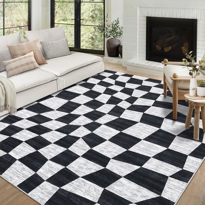 Modern Checkered Rug Washable Area Rug Low Pile Stain Resistant Throw ...